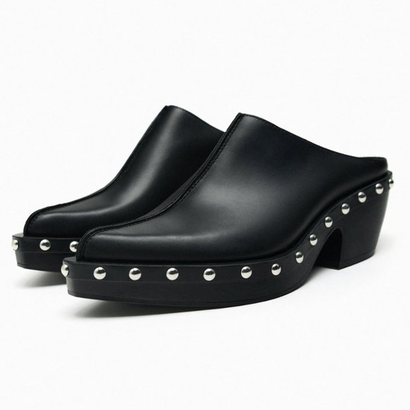 Zara | Shoes | Nwt Black Studded Pointed Toe Leather Clogs 9 | Poshmark